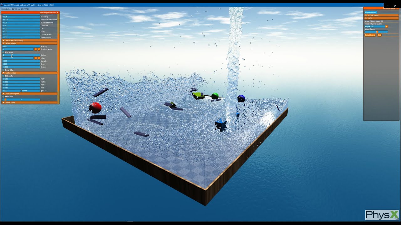 OrionX3D Engine 3D V6 - PhysX 5.1.2 - Water particles - Test 2 bench ...