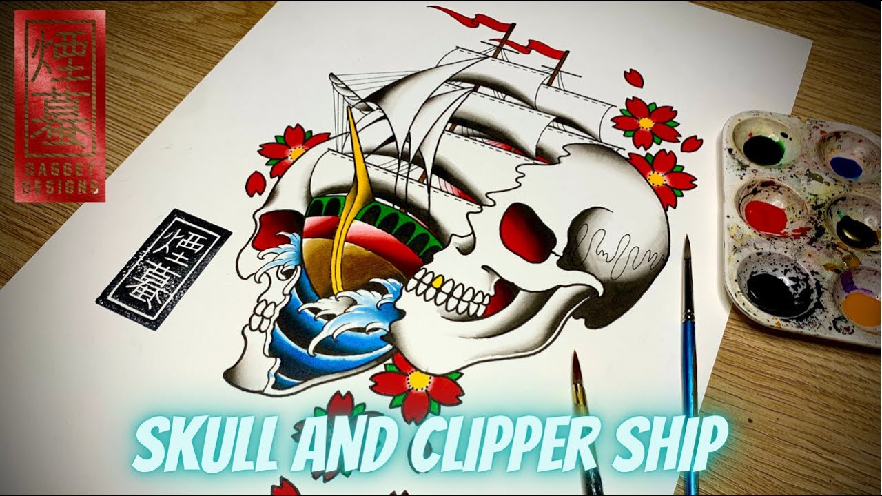 How to draw a clipper ship and skull drawing tutorial - YouTube