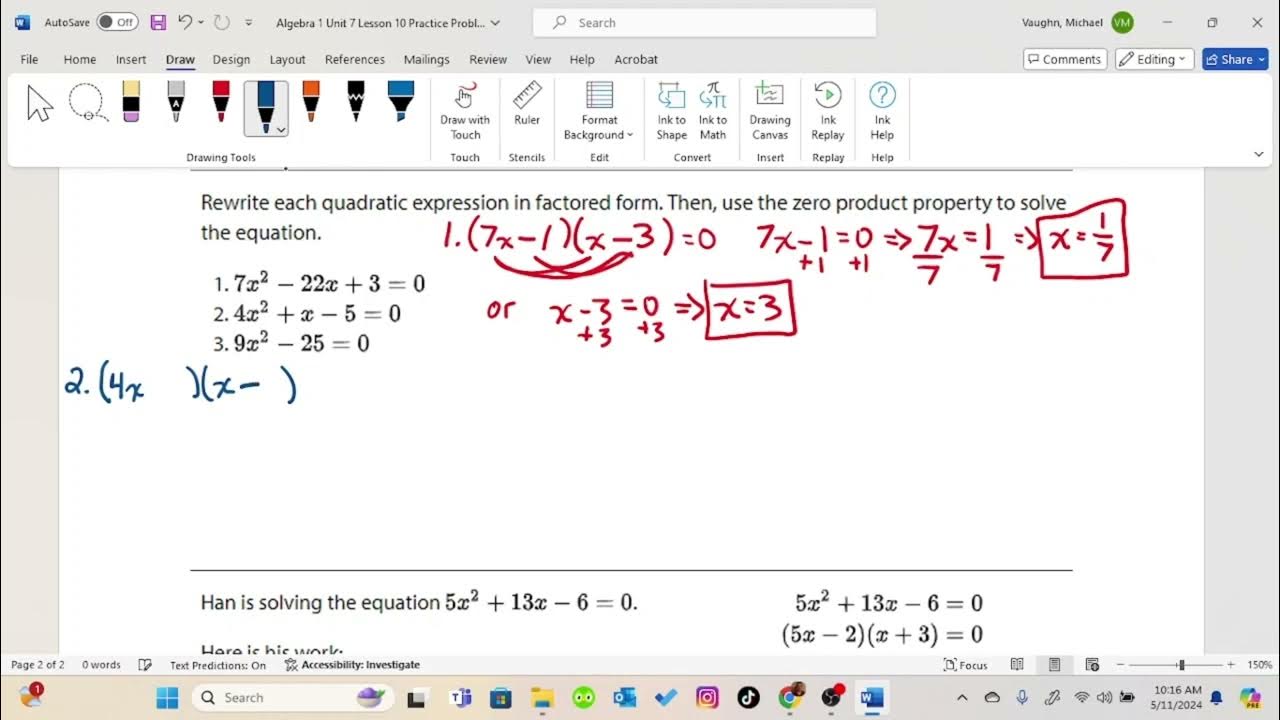 Algebra 1 Unit 7 Lesson 10 Practice Problems - YouTube