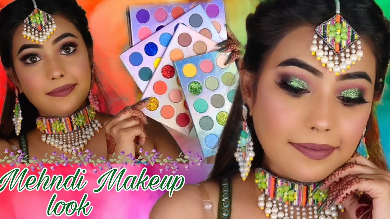 Mehndi Makeup Look for brides 👰 Full HD makeup 🌸glittery eyes using ...