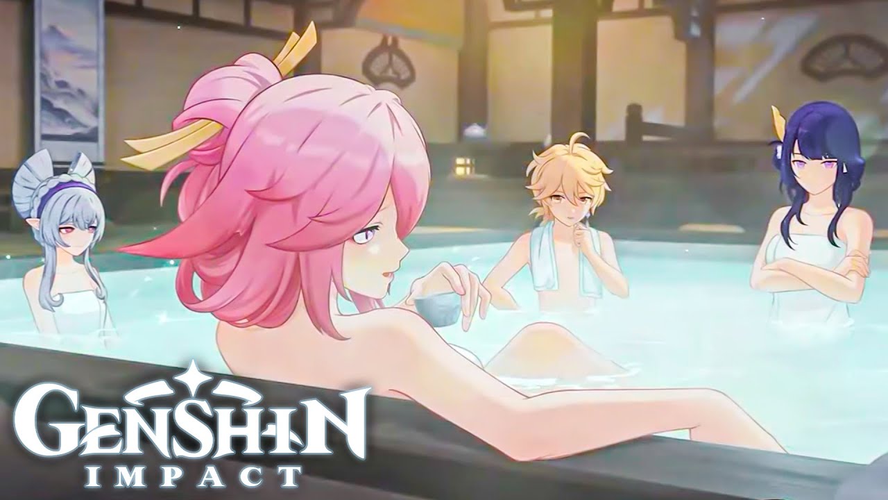 V5.4 OFFICIAL BATH SCENE of Yae Miko, Raiden Shogun & Yumemizuki Mizuki with Aether Genshin ...