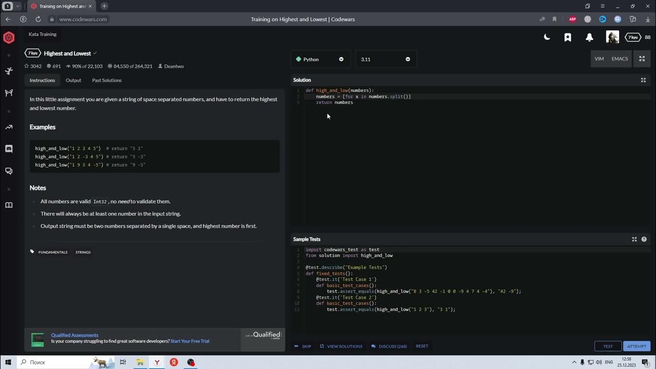Решение задач Code Wars на Python. Highest and Lowest. 7 kyu - YouTube