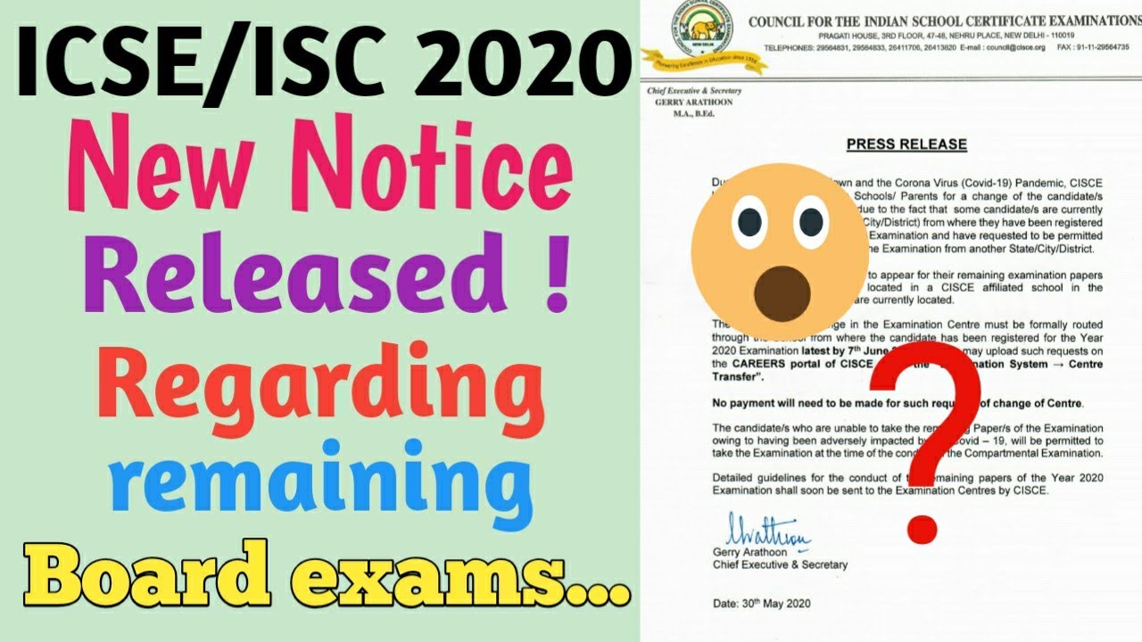 ICSE/ISC 2020 New Notice Released from CISCE regarding remaining exams ...