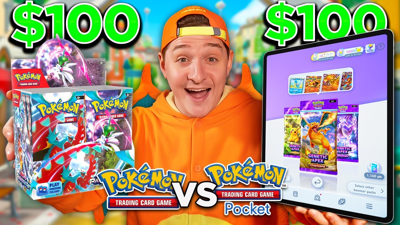 $100 in Real vs Virtual Pokemon Cards! Booster Box vs Pocket Opening ...