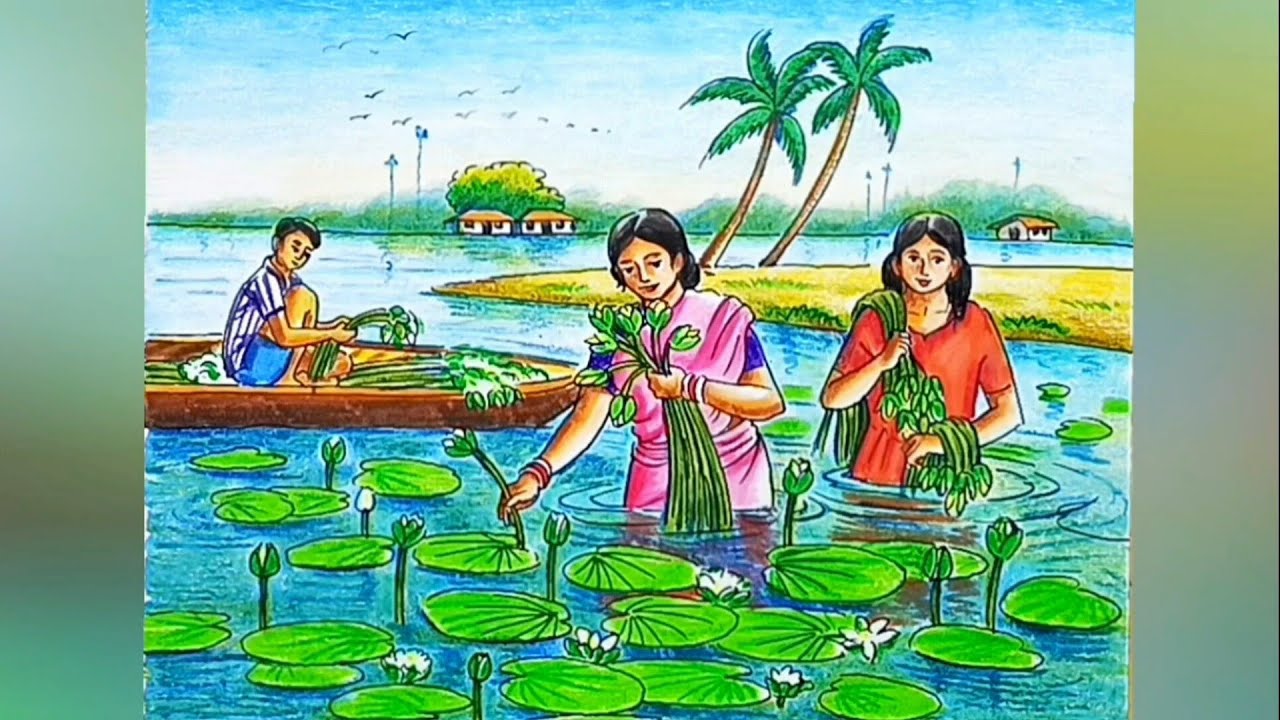 How to draw scenery of children collect water lily using boat step by ...