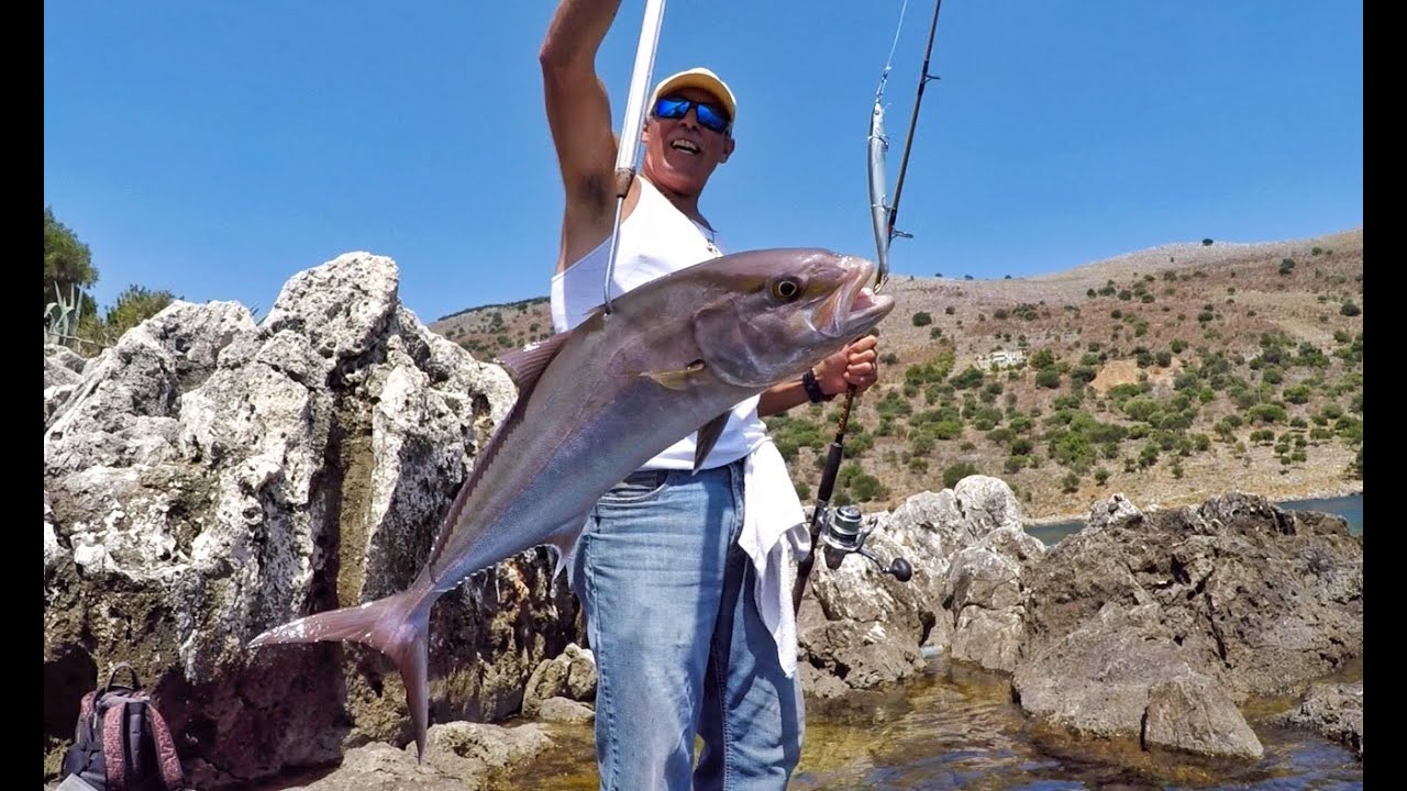 Fishing Amberjack's "AJ" from shore, Fishing Greece Kefalonia - YouTube