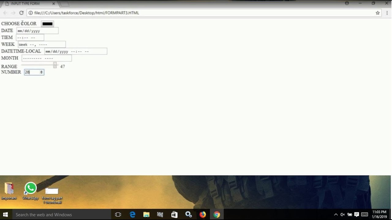 Html : Form Tag Part 4 - Input Type like Color, Date, Range, Time ...