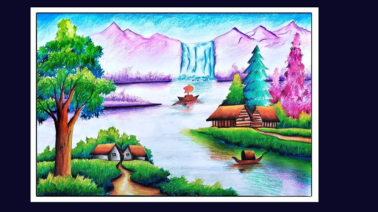 Beautiful Scenery Drawing with Oilpastel || Beautiful Oilpastel Scenery ...