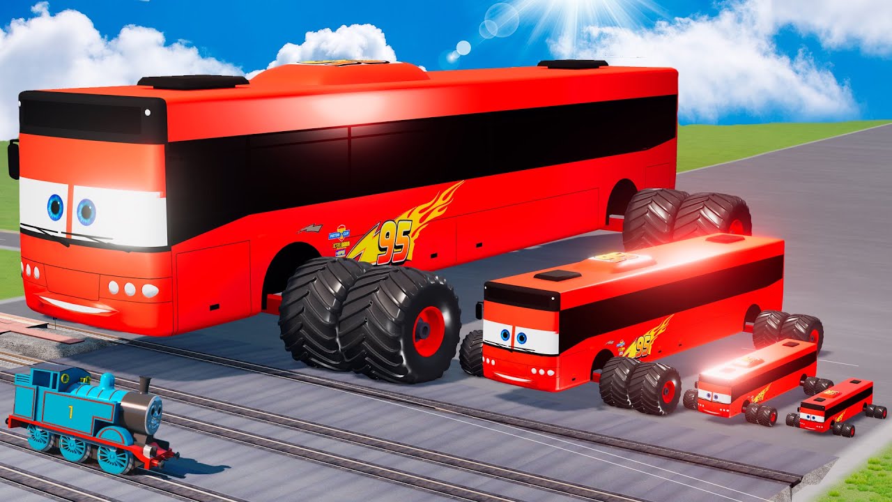 Big & Small Long Bus Lightning Mcqueen with Monster Truck Wheels vs ...