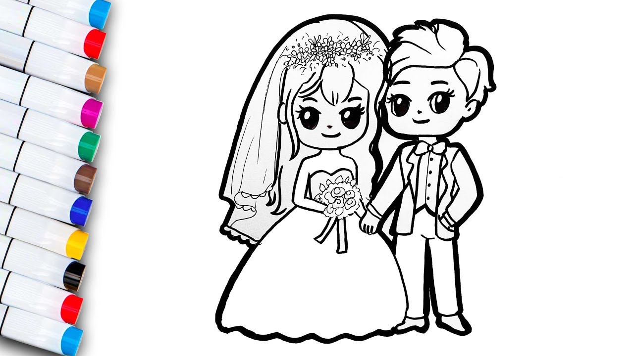 Draw and Color a Newly Married Couple | Bride & Groom Drawing Painting ...