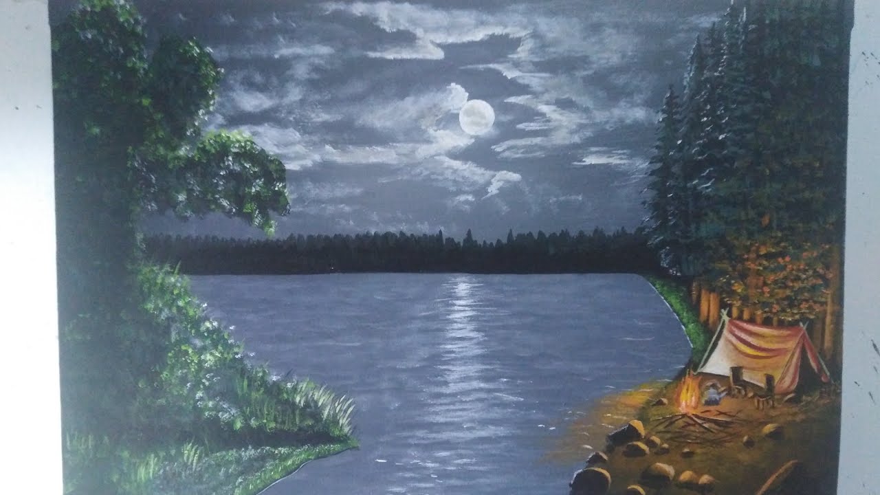 Acrylic painting /Riverside night camping /lovely moonlight scenery ...