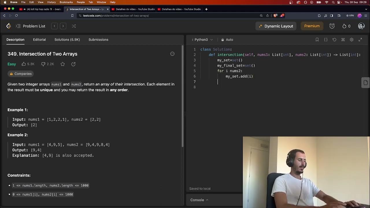 💻solving All Leetcode Problems With Python 🐍 349 Intersection Of Two Arrays Youtube