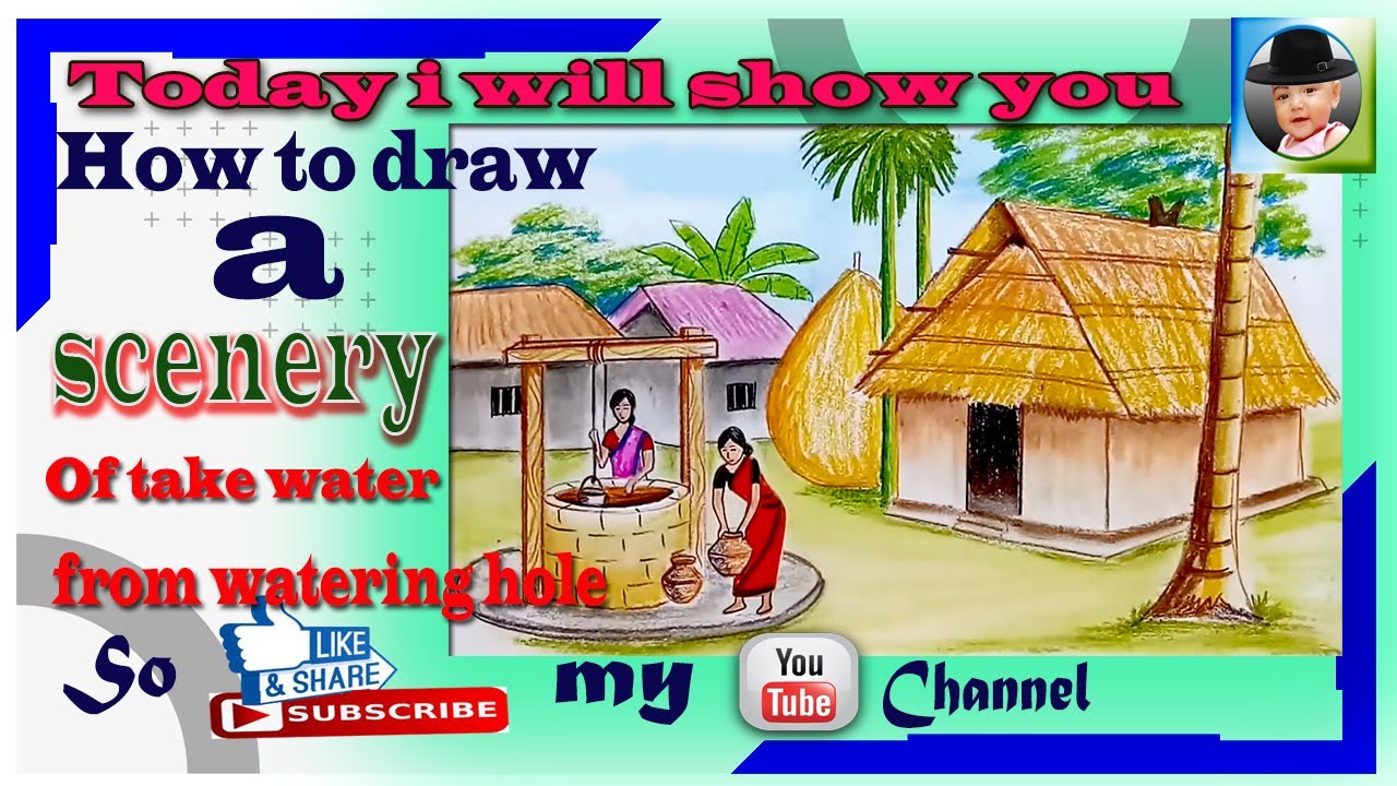 How to draw scenery of take water from watering hole - YouTube