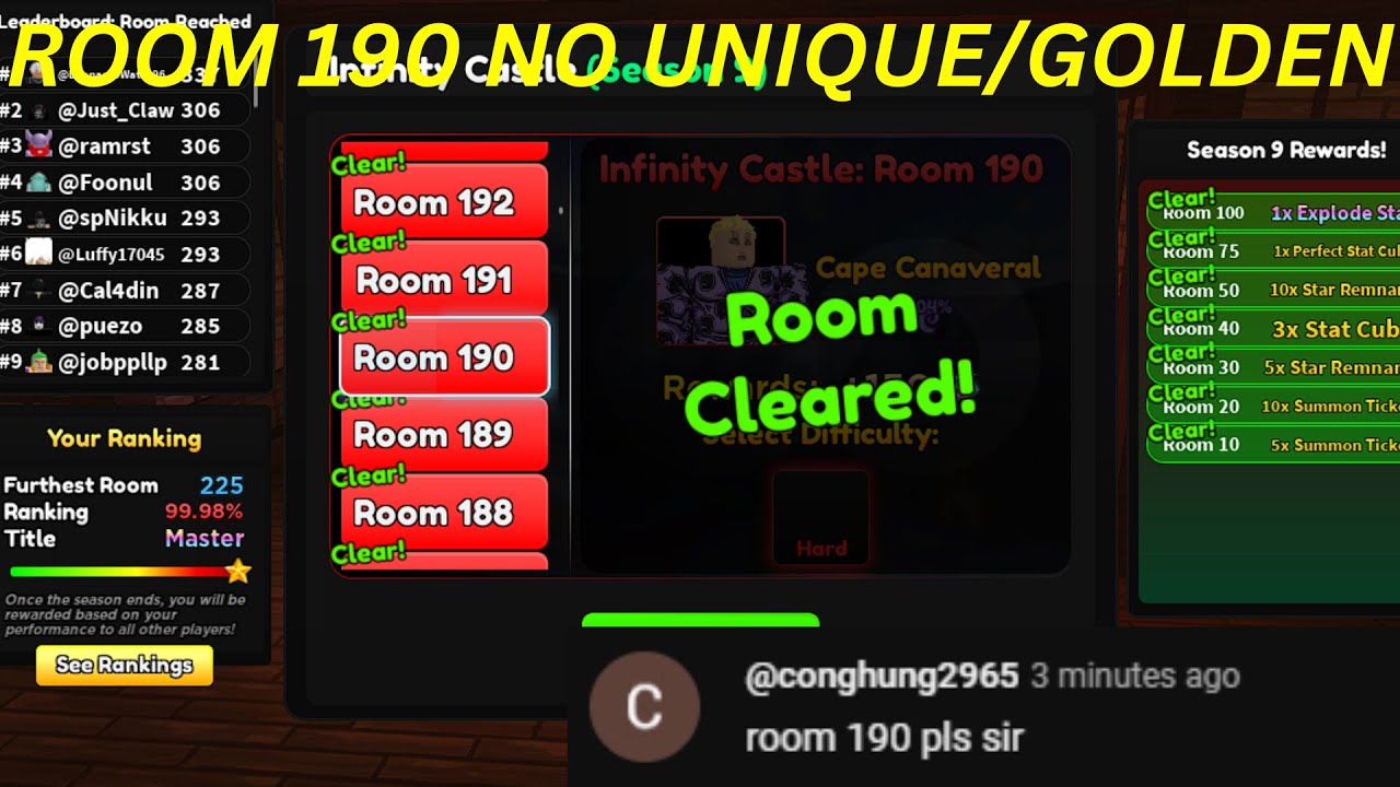 ROOM 190 INFINITY CASTLE NO UNIQUE/GOLDEN | ANIME ADVENTURE - YouTube