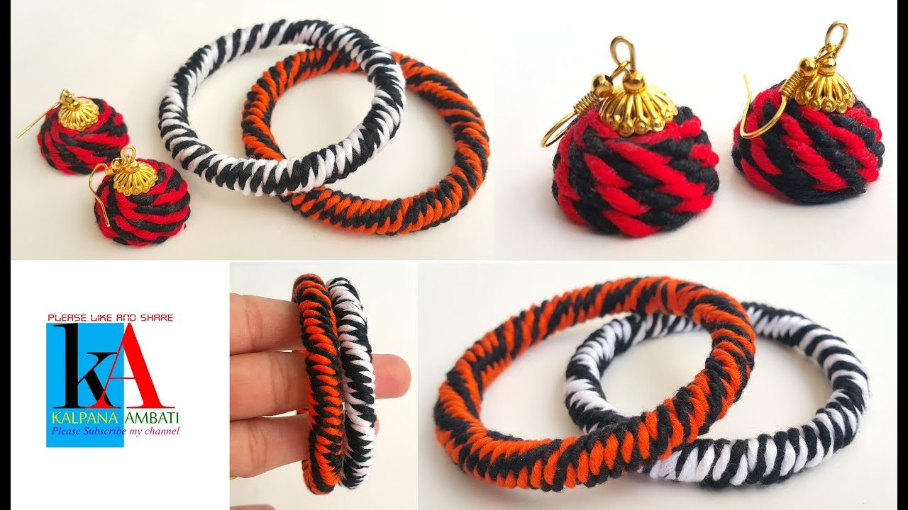 How to make thread bangles with earrings at home || twisted double ...