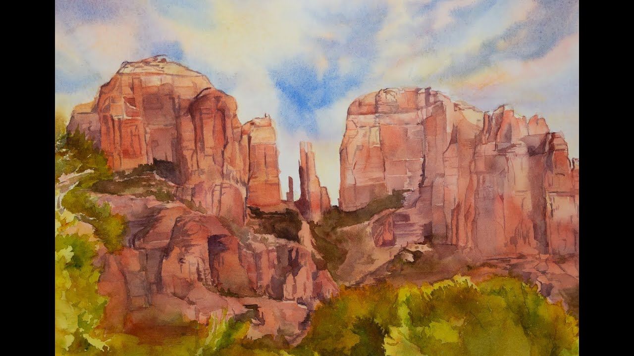 Sedona Cathedral Red Rock Landscape Watercolor Painting, National Park ...