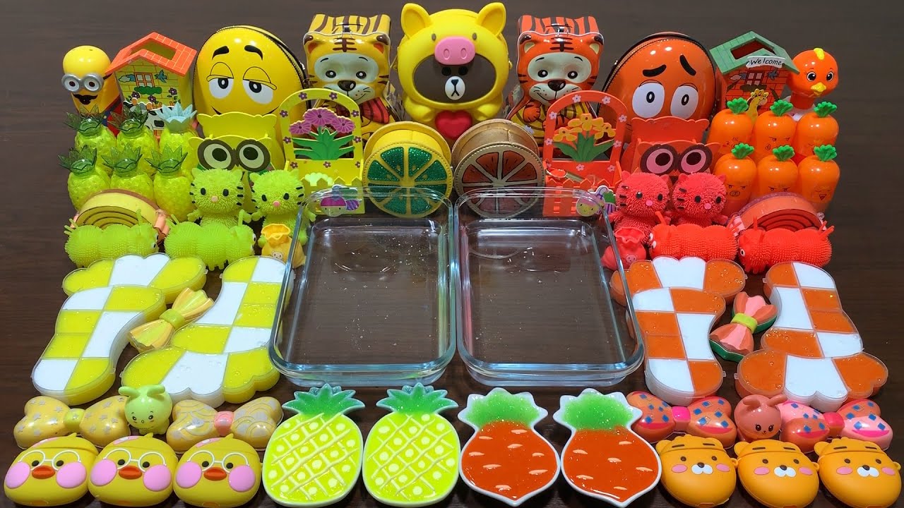 Yellow and Orange - Mixing Random Things Into Clear Slime ! Satisfying ...