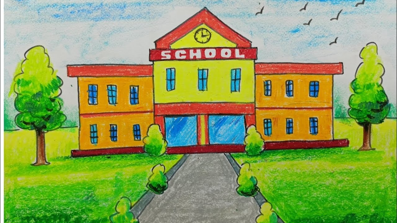 How to Draw my school for kids - YouTube