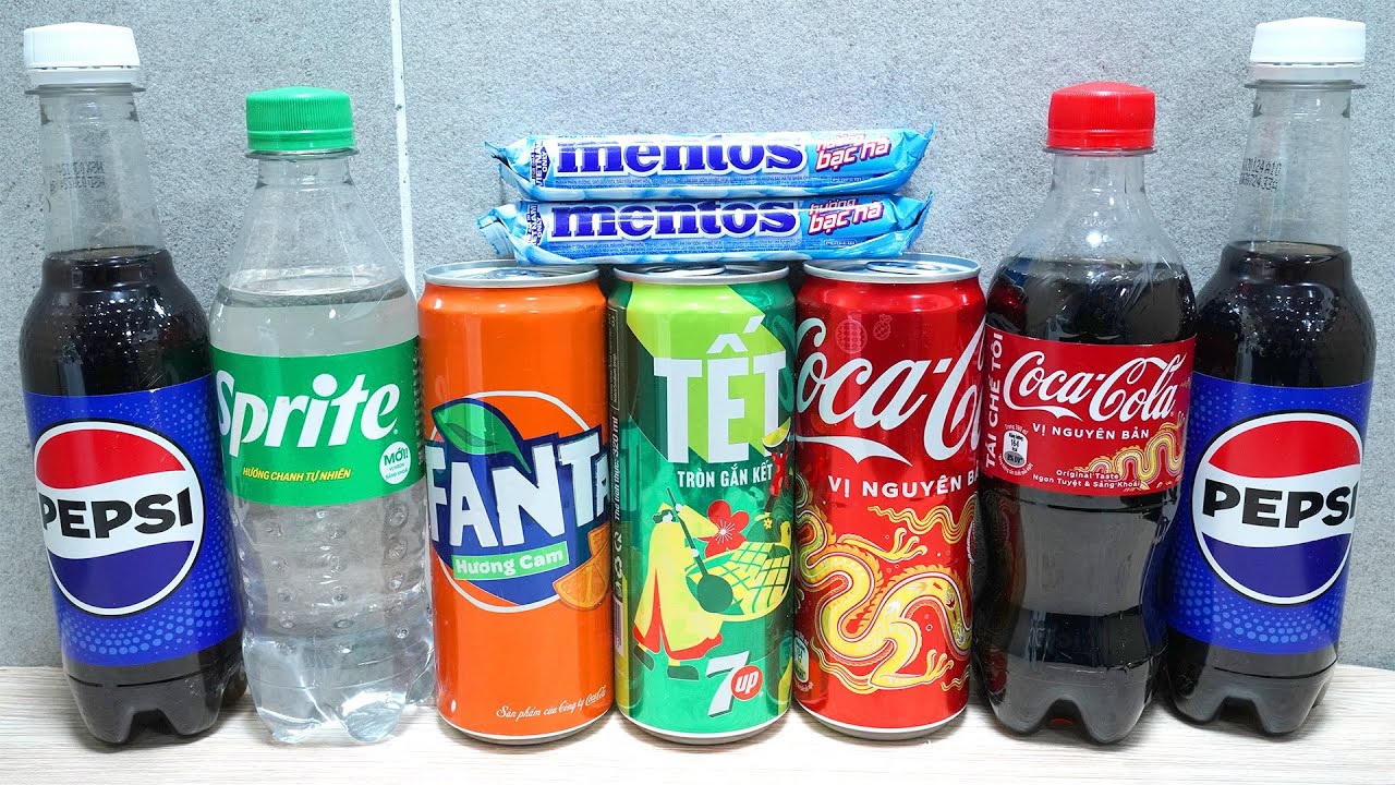 Experiment: Mixing Coca Cola, Fanta, Pepsi, 7up, Sprite with Mentos ...