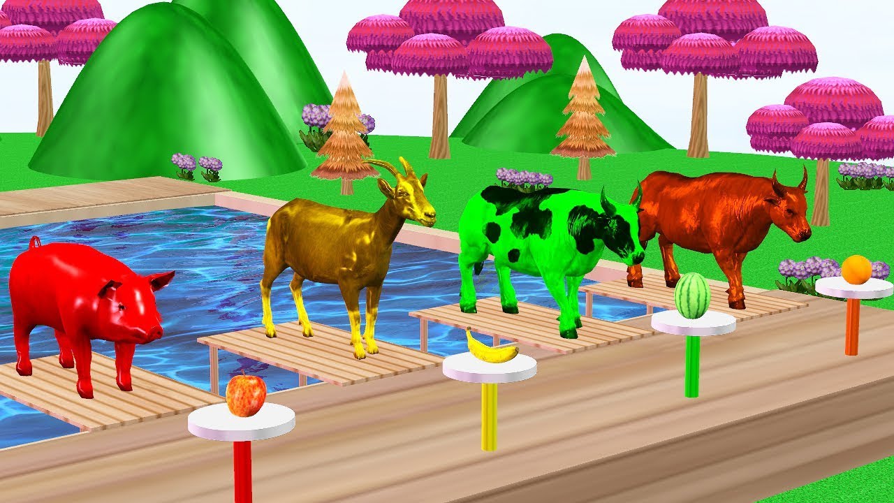 Animals Swimming in Wooden Pool - Farm Animals Eating Fruits For Kid ...