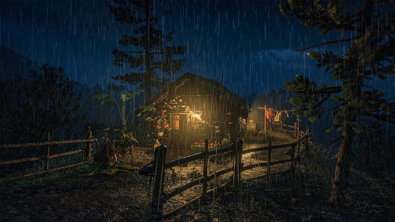 Heavy Rain with Thunder in a Wooden Cabin on the Mountain for Studying ...