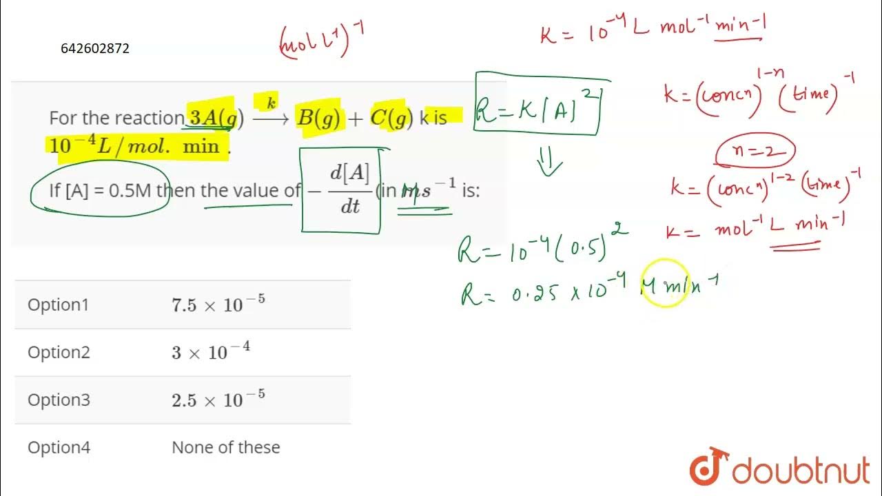 For the reaction 3A(g)overset(k)toB(g)+C(g) k is 10^(-4)L//mol.min. If ...