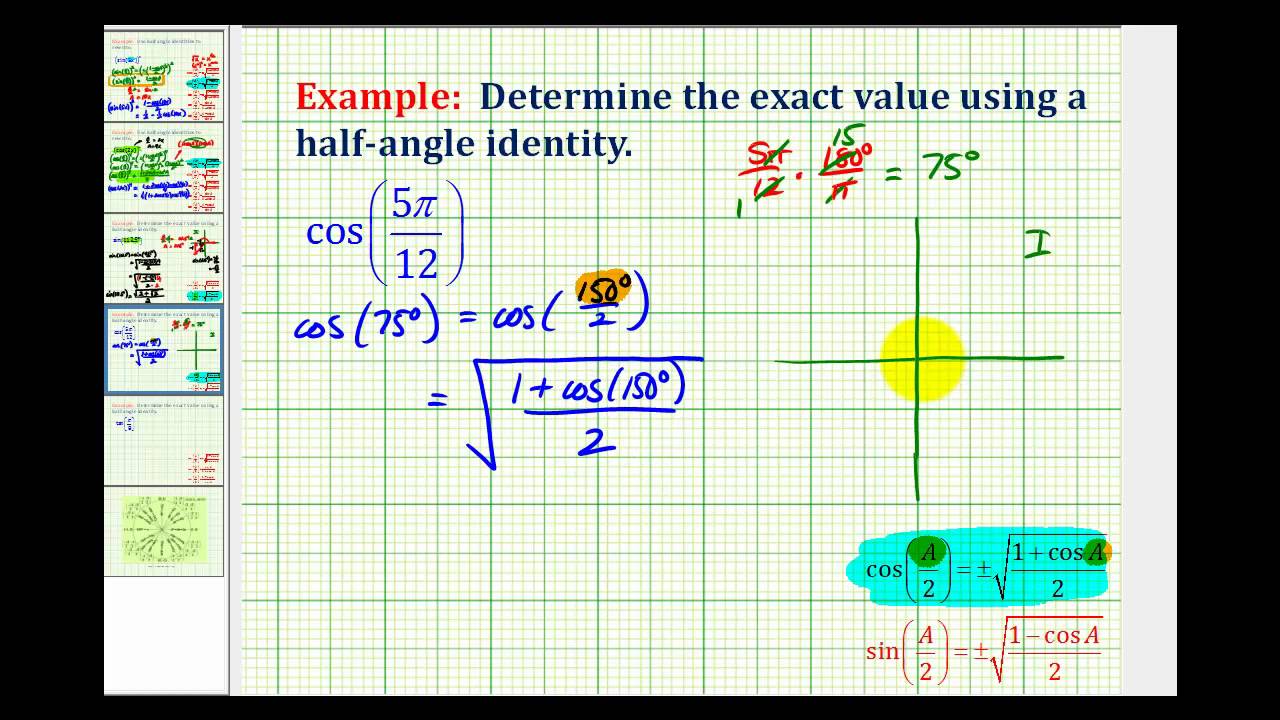Example Determine A Cosine Function Value Using A Half Angle Identity