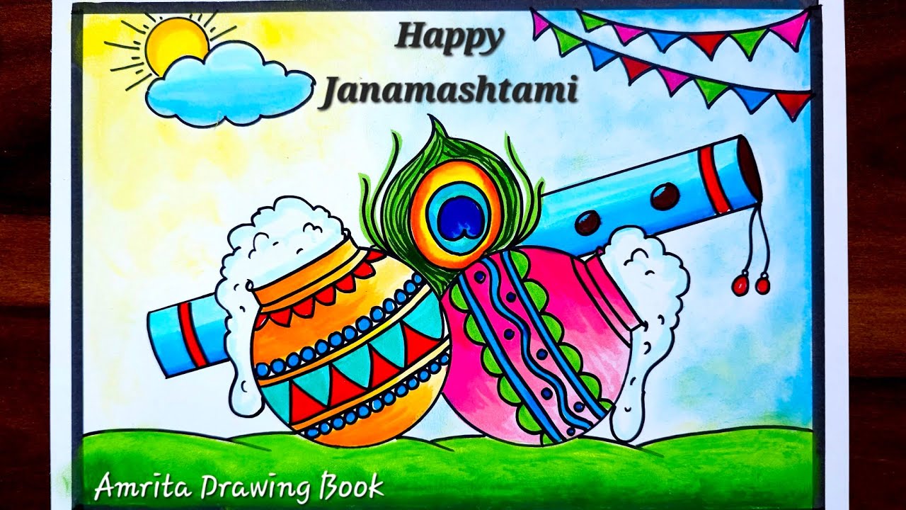 Happy Janamashtami Drawing | Krishna Janamashtami Poster Drawing ...