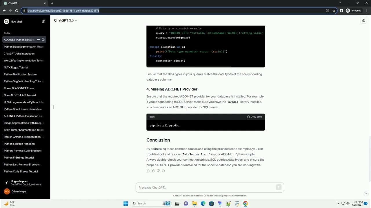 datasource error ado net python script error - YouTube