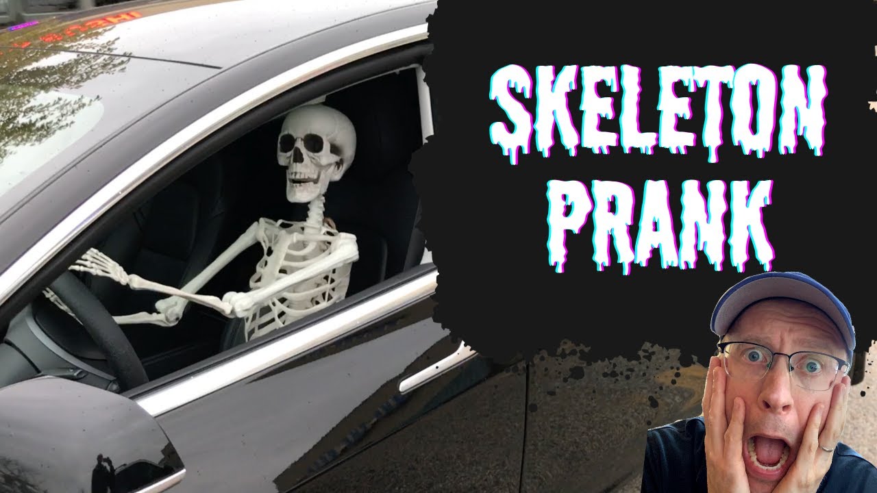 People React to Skeleton Driving Tesla Halloween Prank - YouTube