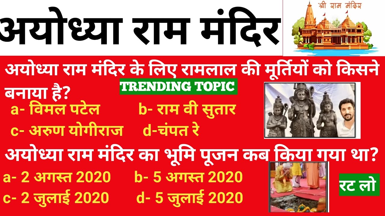 अयोध्या राम मंदिर GK 2024 | AYODHYA RAM MANDIR GK QUESTIONS| RAM MANDIR ...