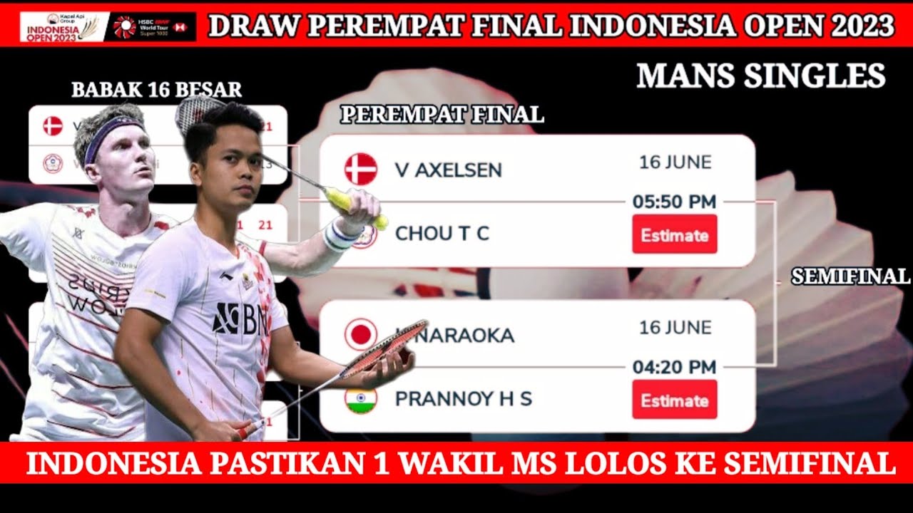 DRAW PEREMPAT FINAL INDONESIA OPEN 2023 | TUNGGAL PUTRA - YouTube