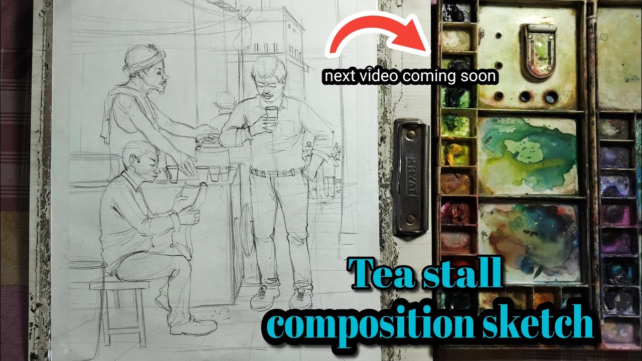 Tea stall composition sketch/water colour/BFA Entrance exam preparation ...