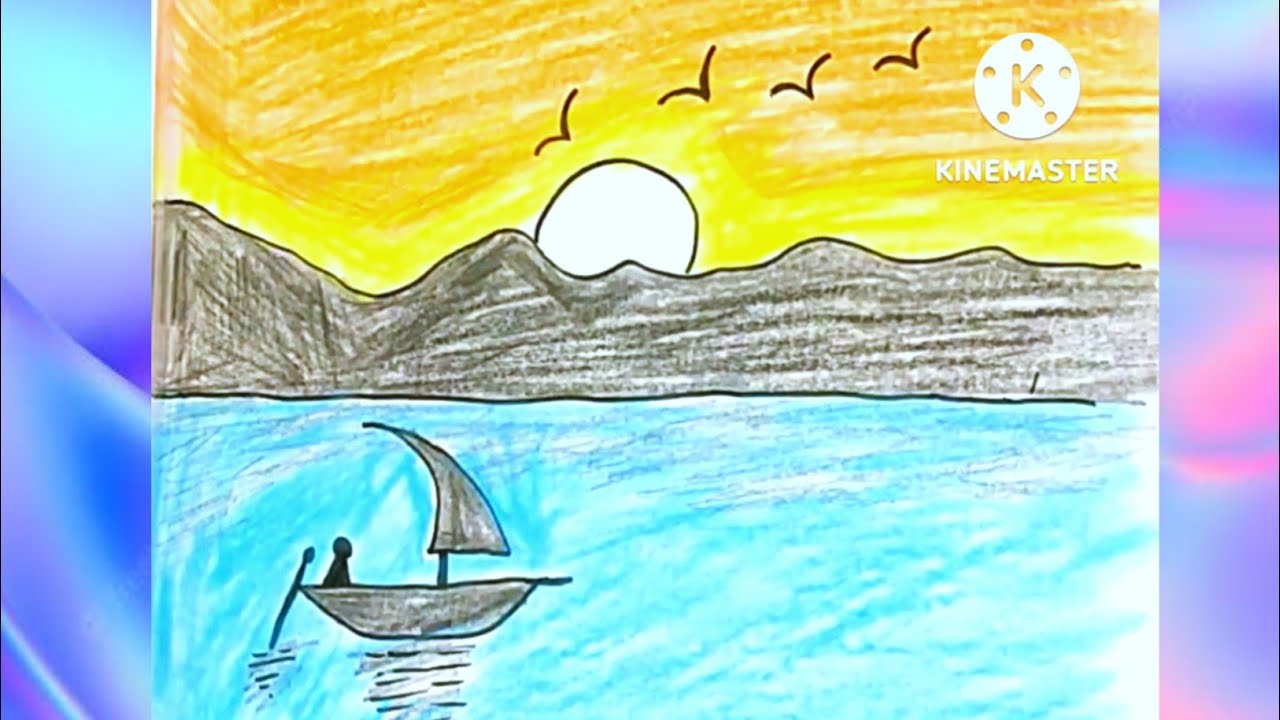 How to draw scenery/ Sunset drawing/Sunrise drawing easy/Step by step ...