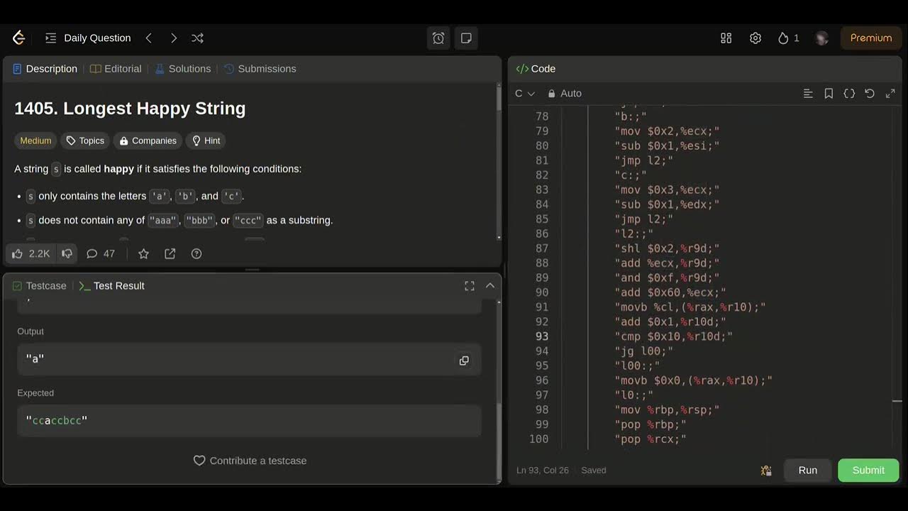 solve leetcode in assembly 1405. Longest Happy String - YouTube