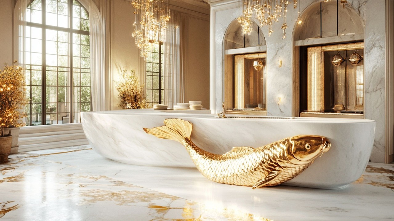 Luxurious Koi Fish Island Kitchen | White Marble & Gold Details ...