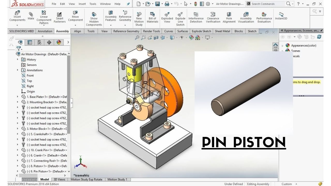 SolidWorks Air Motor Assembly - 9. Pin Piston - YouTube