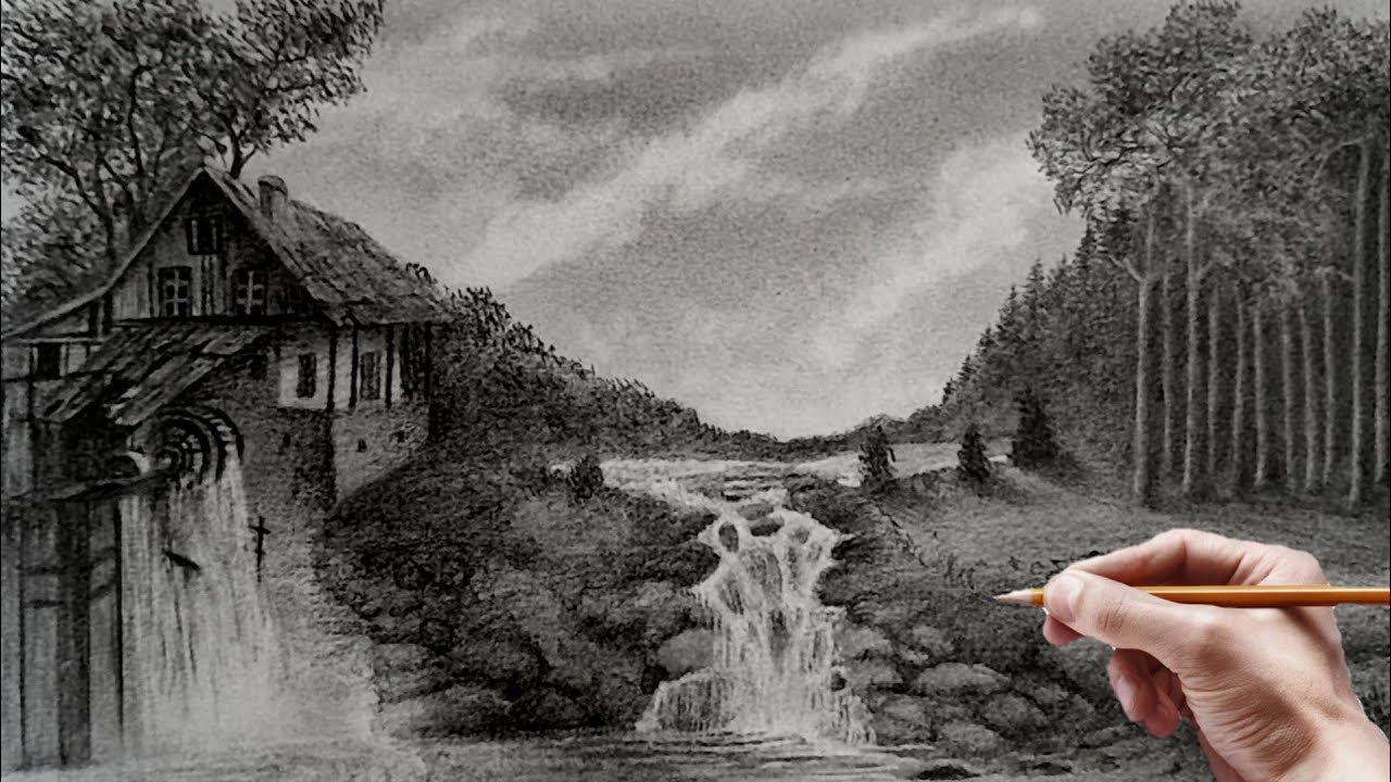 How to draw a realistic landscape | Drawing a beautiful landscape with ...