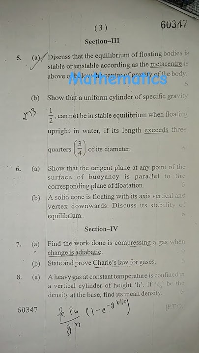 hydro statics BSc 4th semester Maths Honours examination may 2016 MDU - YouTube