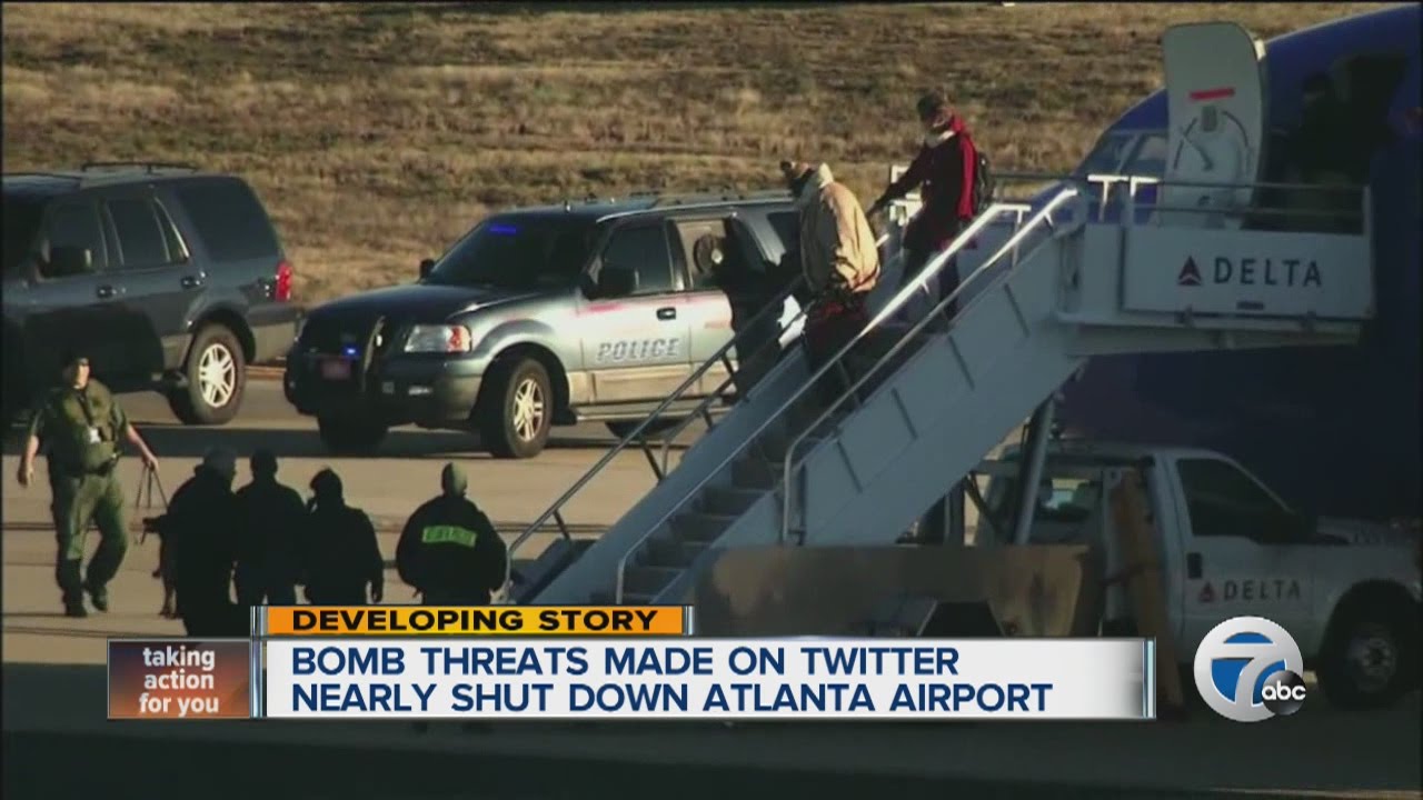 Bomb threats made on Twitter nearly shut down the Atlanta airport - YouTube