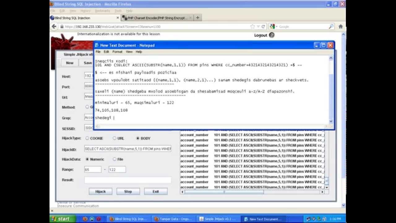 Blind SQL Injection webgoat 5.4 - YouTube