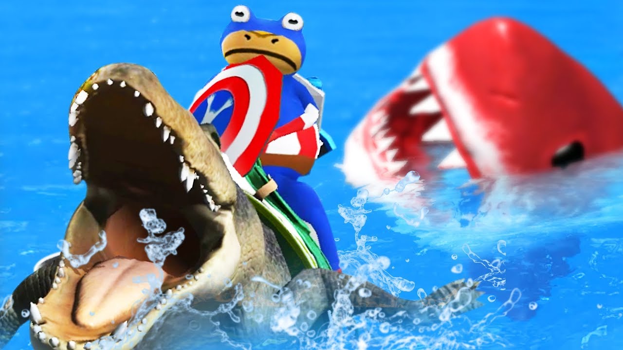 Captain America Frog Rides an Alligator vs Red Megalodon - Amazing Frog ...