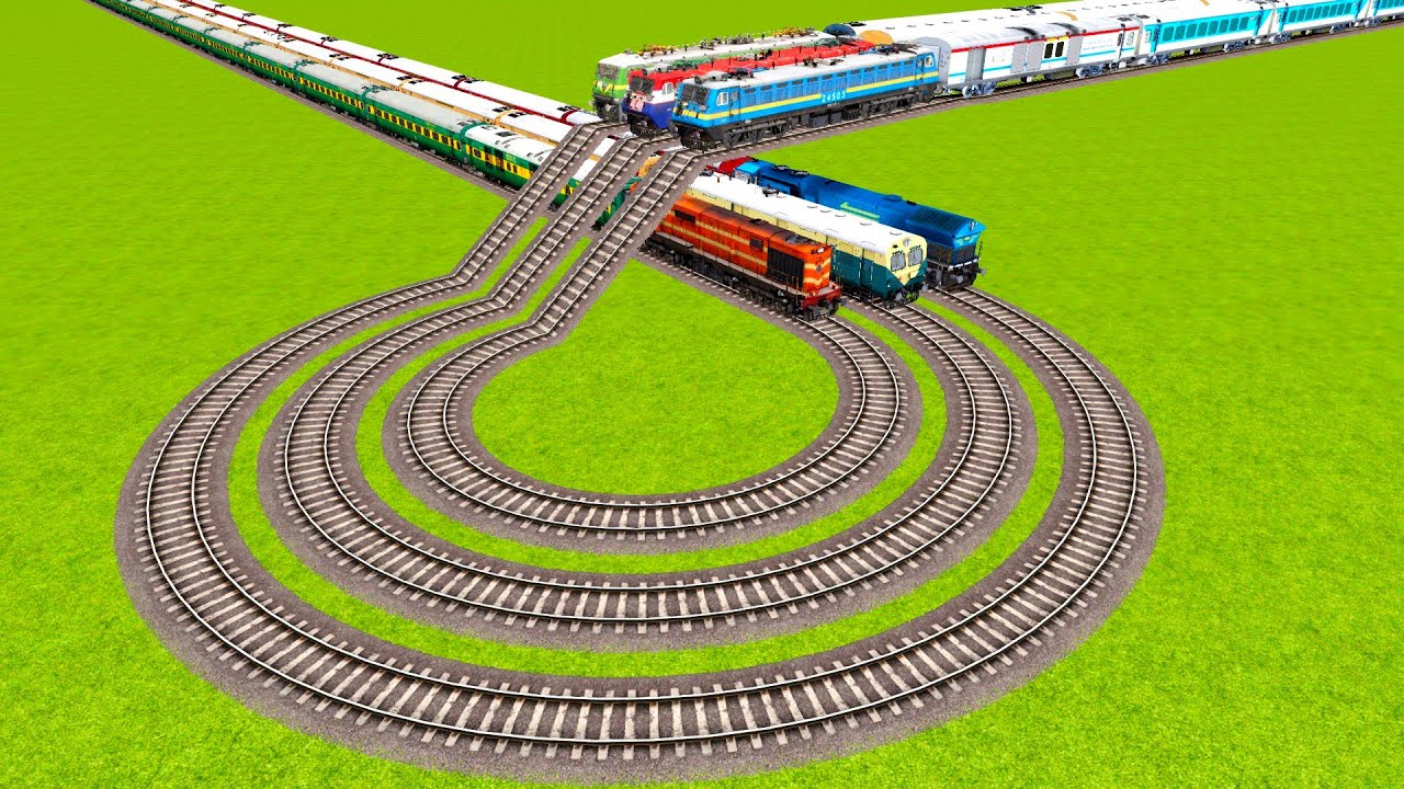SIX TRAINS FACE TO FACE ROTATING AND MOVING CROSS ON CRAZY BIG CIRCLE ...