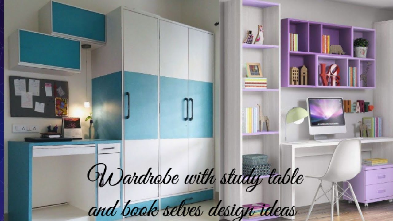 Wardrobe with study table and book selves design ideas - YouTube