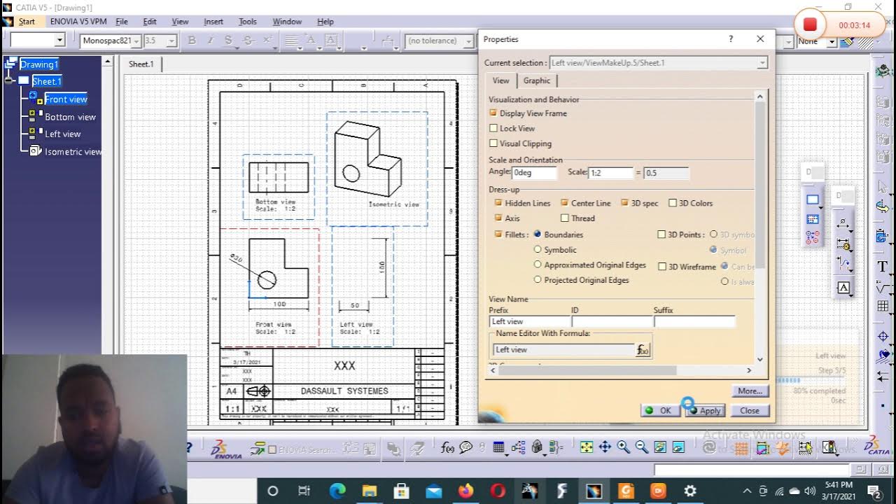 How to insert dimension, hidden line, center line, axis, edit title block using CATIA V5 ...