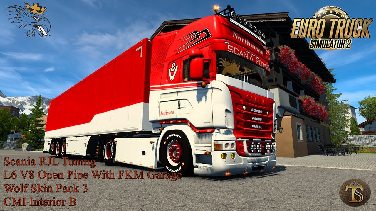 (ETS2 1.48)Scania RJL Tuning + CMI Interior B + L6 V8 Open Pipe With FKM Garage +Wolf Skin Pack ...