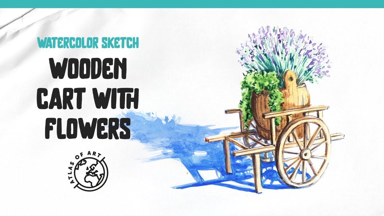 Watercolour sketch: wooden cart with flowers - YouTube