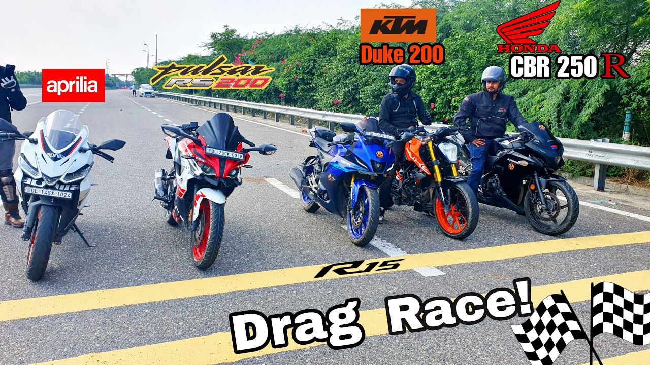 Drag race Aprilia rs457, R15 v4, Duke 200, CBR 250r, Pulsar 200 - YouTube