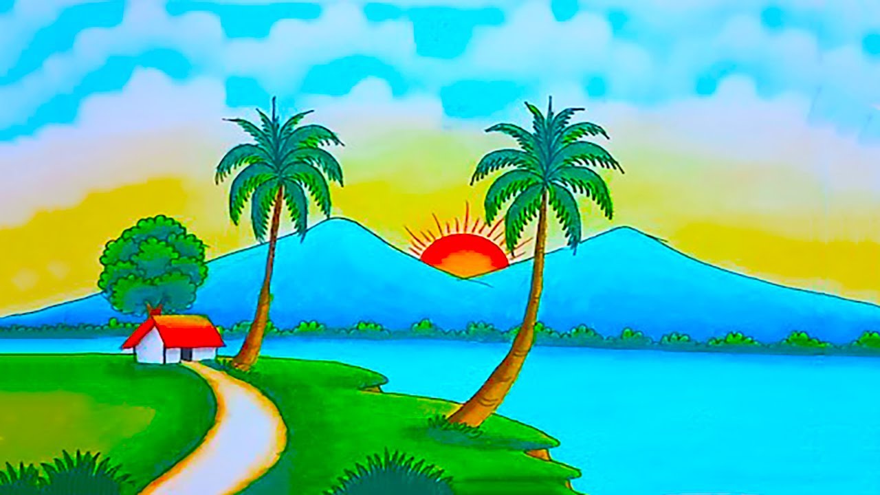 How to draw easy beautiful mountain landscape village scenery easy step ...