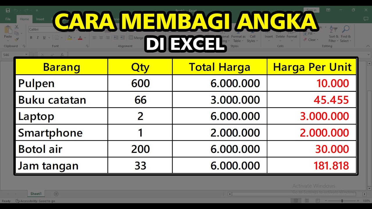Cara Membagi Angka di Excel (Mudah & Cepat) - YouTube